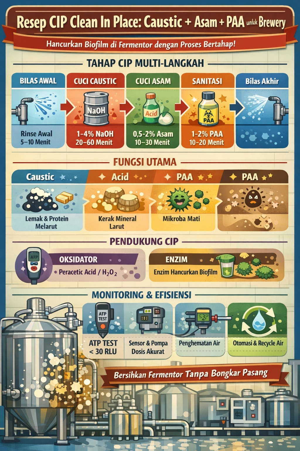 Resep CIP Clean In Place: Caustic + Asam + PAA untuk Brewery